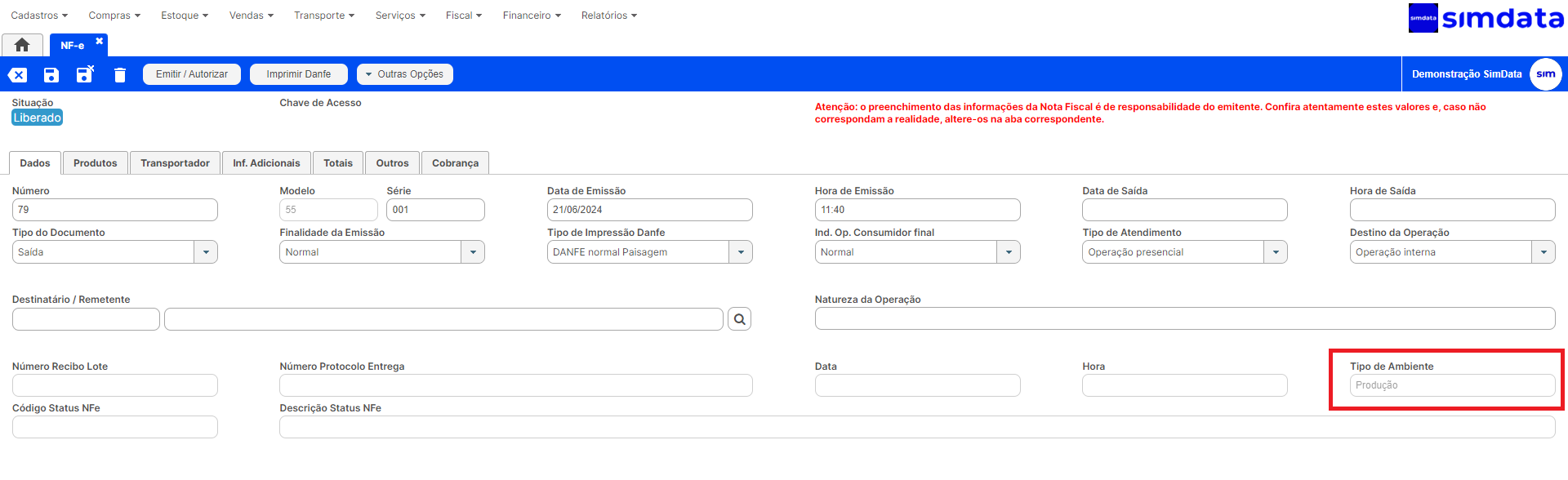 Alterar ambiente de emissão da nota