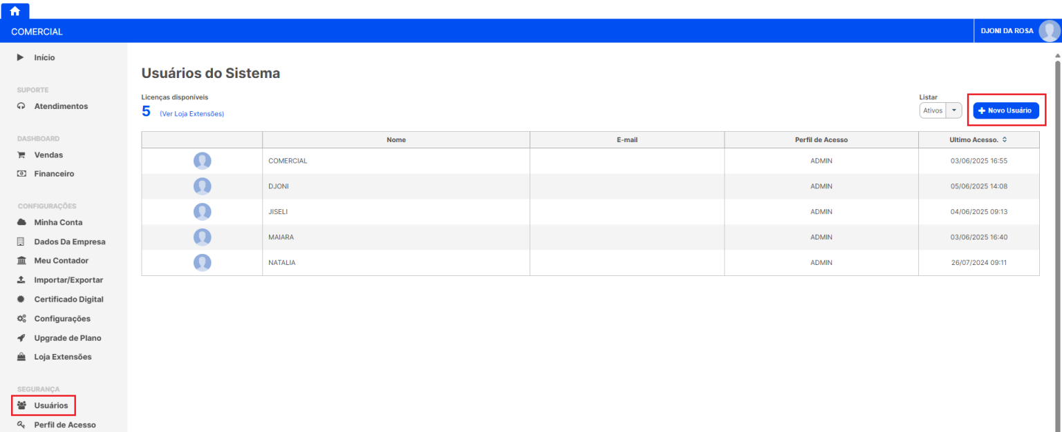 Usuários e Perfil de Acesso