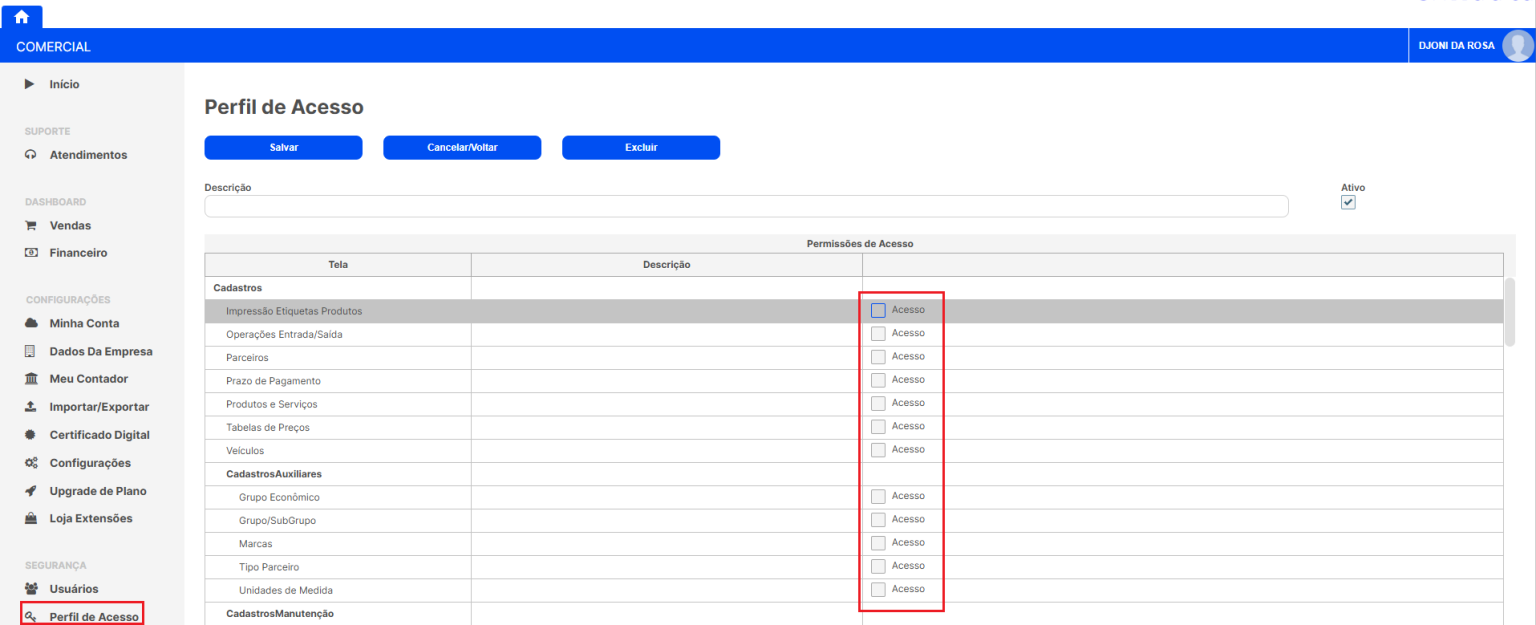 Usuários e Perfil de Acesso